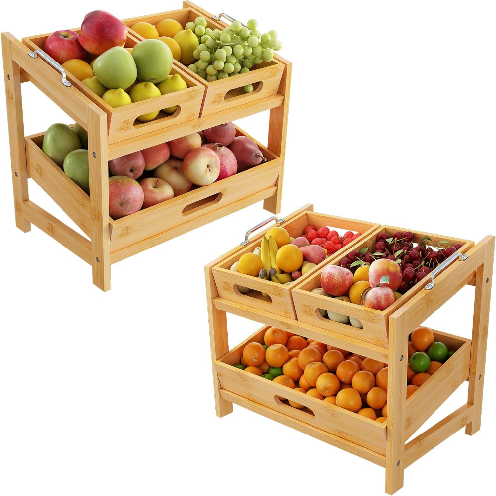 Fruit Basket, Fruit Tray, 2 Tier Bamboo Fruits Basket Stand for Kitchen ...