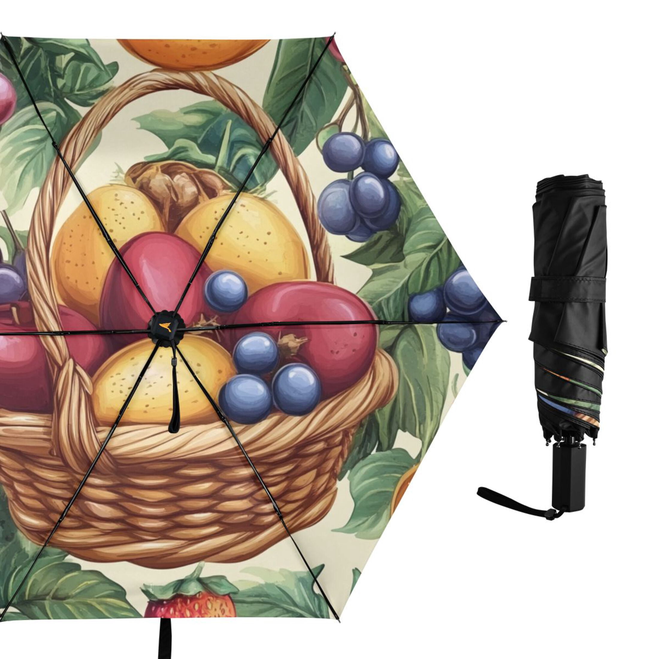 Fruit Basket Hand Drawn Seamless Triple Folding Umbrella Parasol 6 Ribs ...