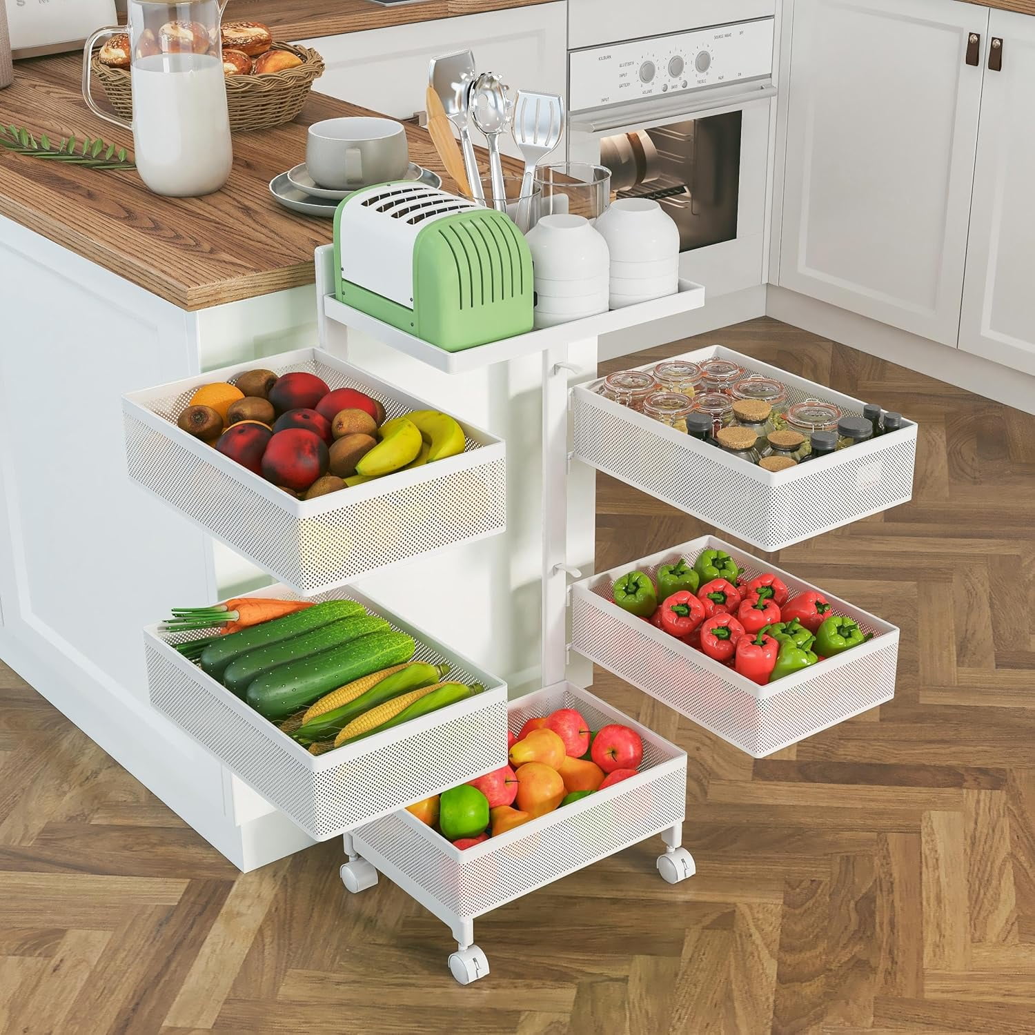 Fruit Basket for Kitchen No Assembly, Rolling Rotating Storage Cart ...