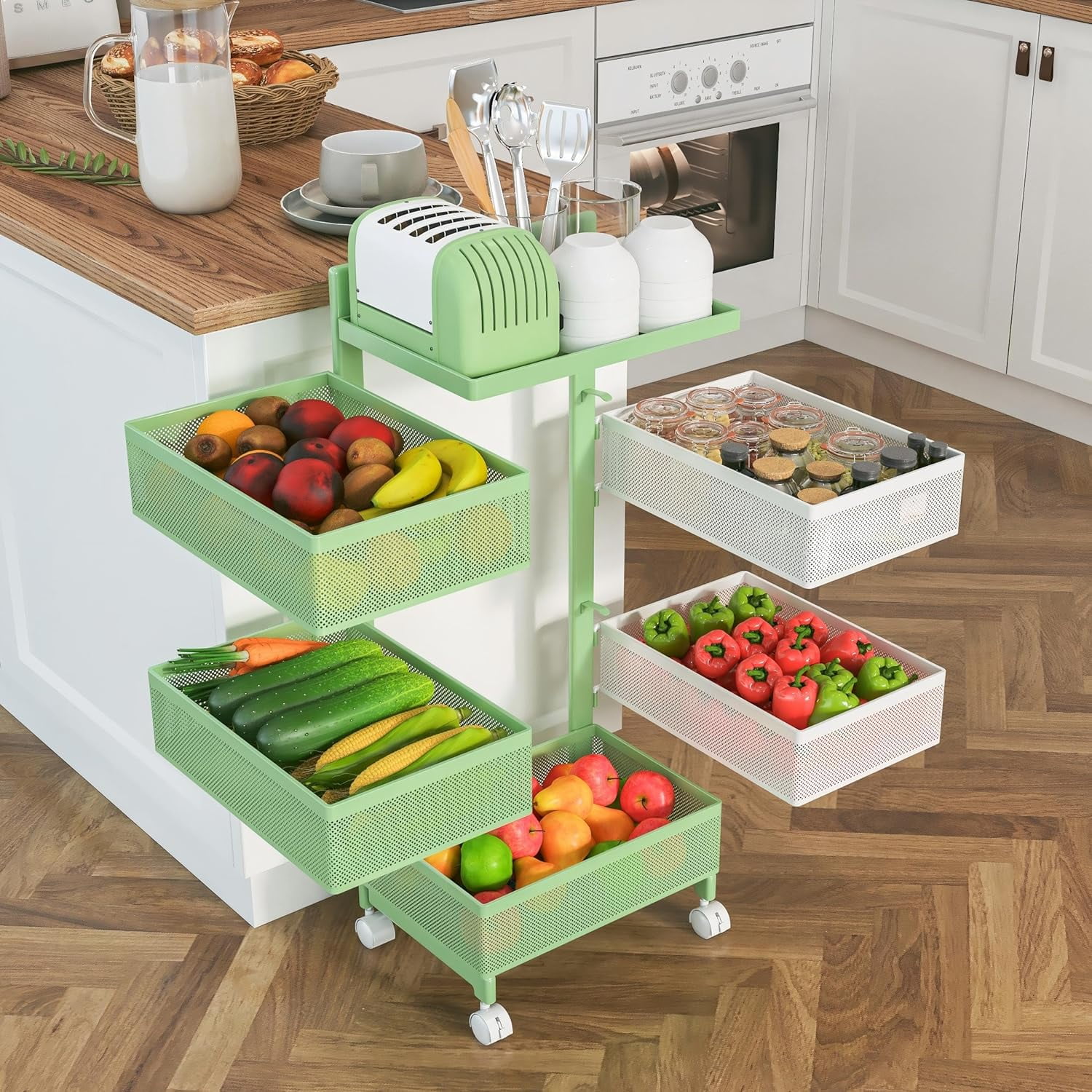 Fruit Basket for Kitchen No Assembly, Rolling Rotating Storage cart ...