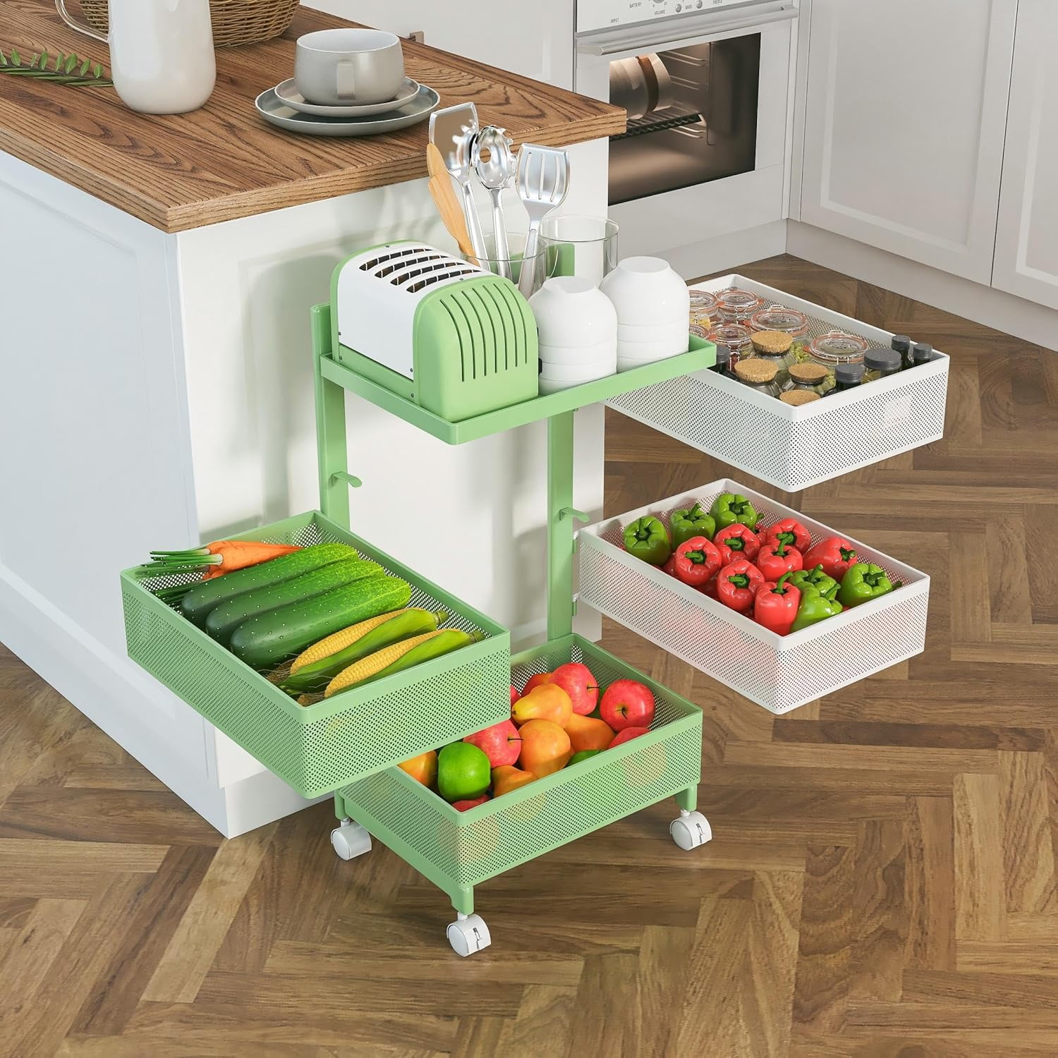 Fruit Basket for Kitchen No Assembly, Rolling Rotating Storage cart ...