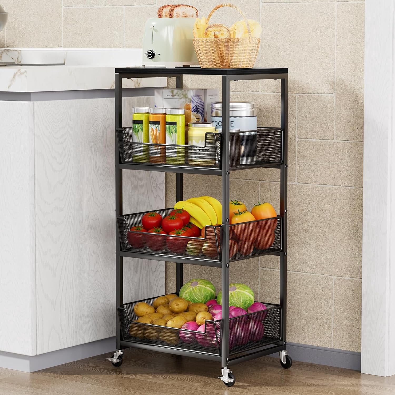 Fruit Basket Kitchen Cart - 4-Tier Rolling Storage Cart with Wheels ...