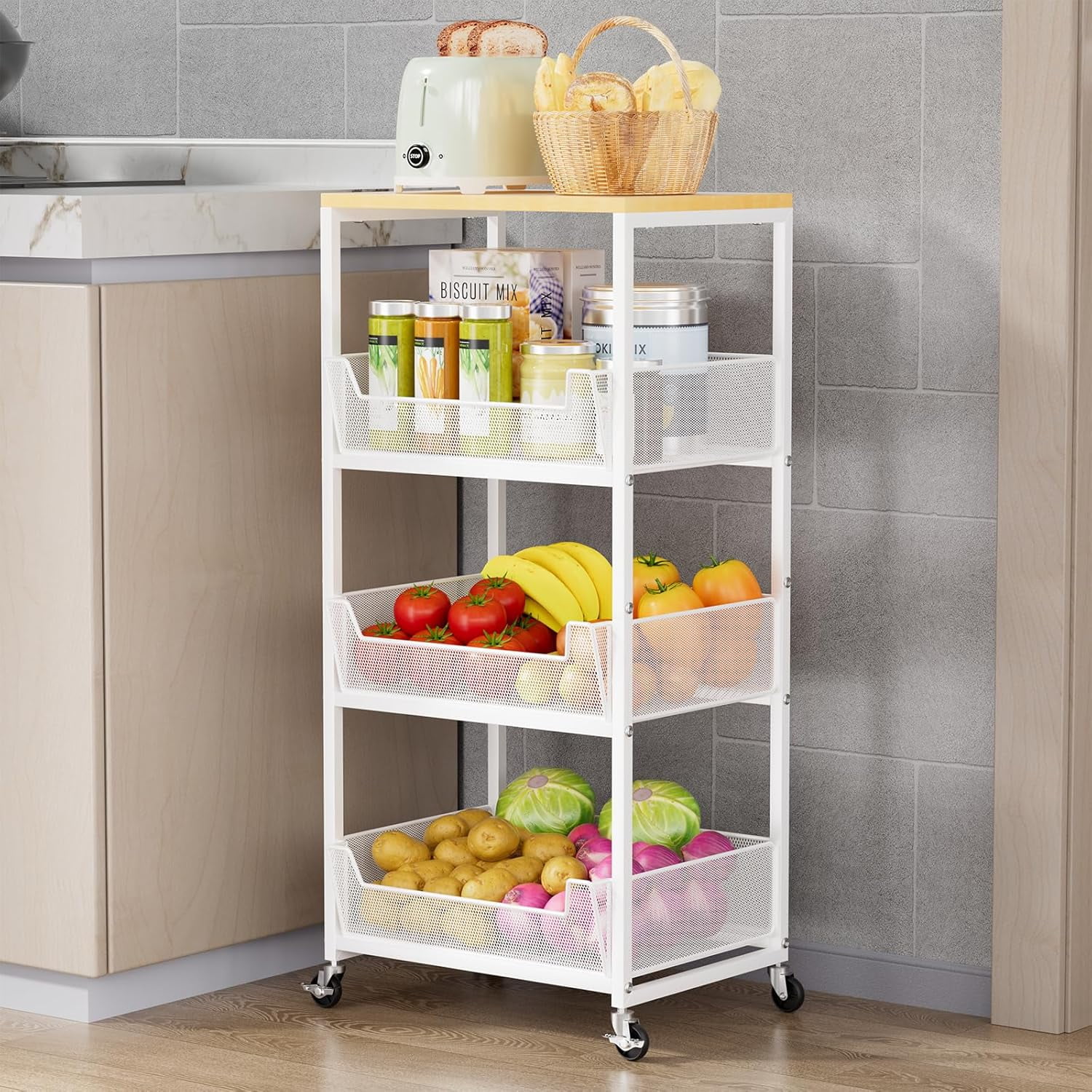 Fruit Basket Kitchen Cart - 4-Tier Rolling Storage Cart with Wheels ...