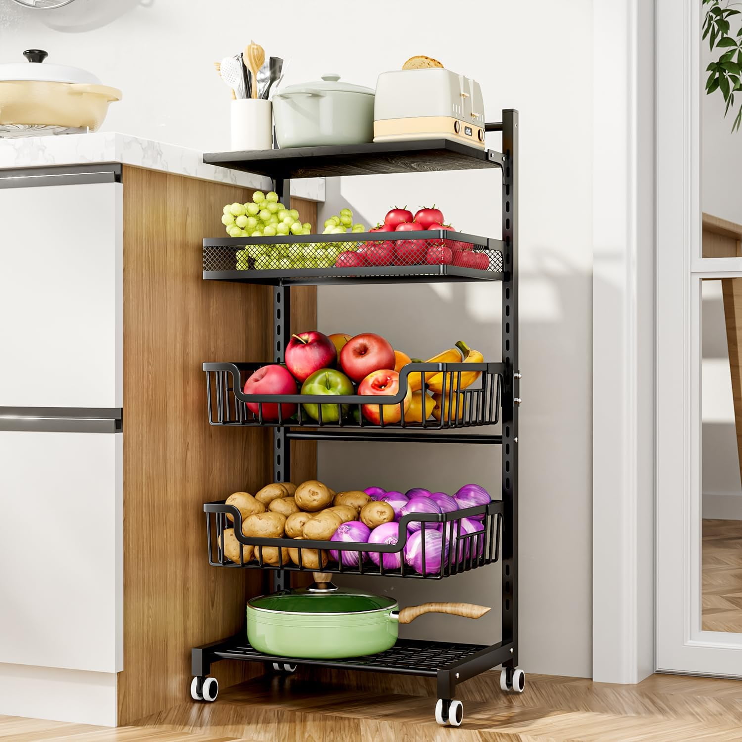Fruit Basket Kitchen Cart - 5 Tier Adjustable Vegetable Storage Rack ...