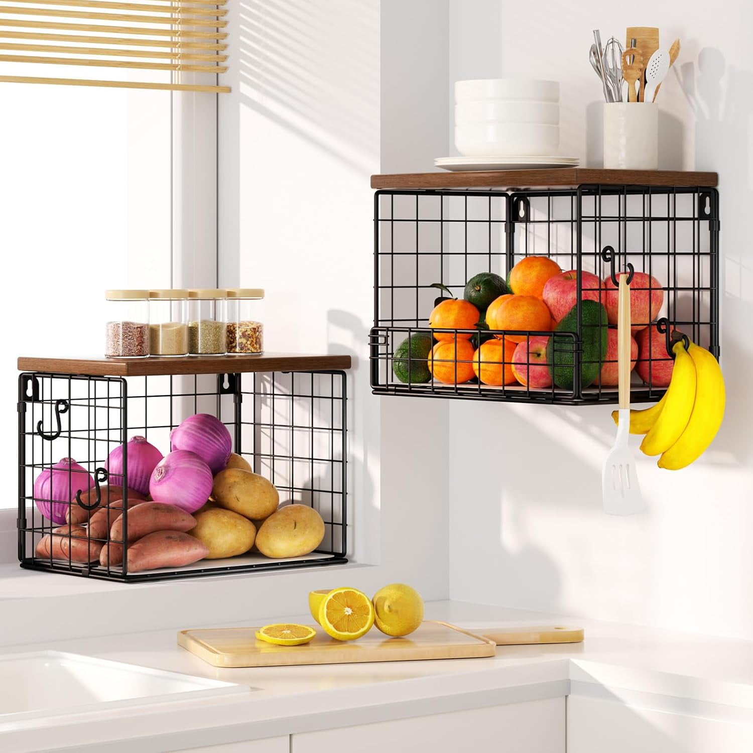 Fruit Basket for Kitchen Counter, 2 Tier Stackable Hanging Wall Wire ...