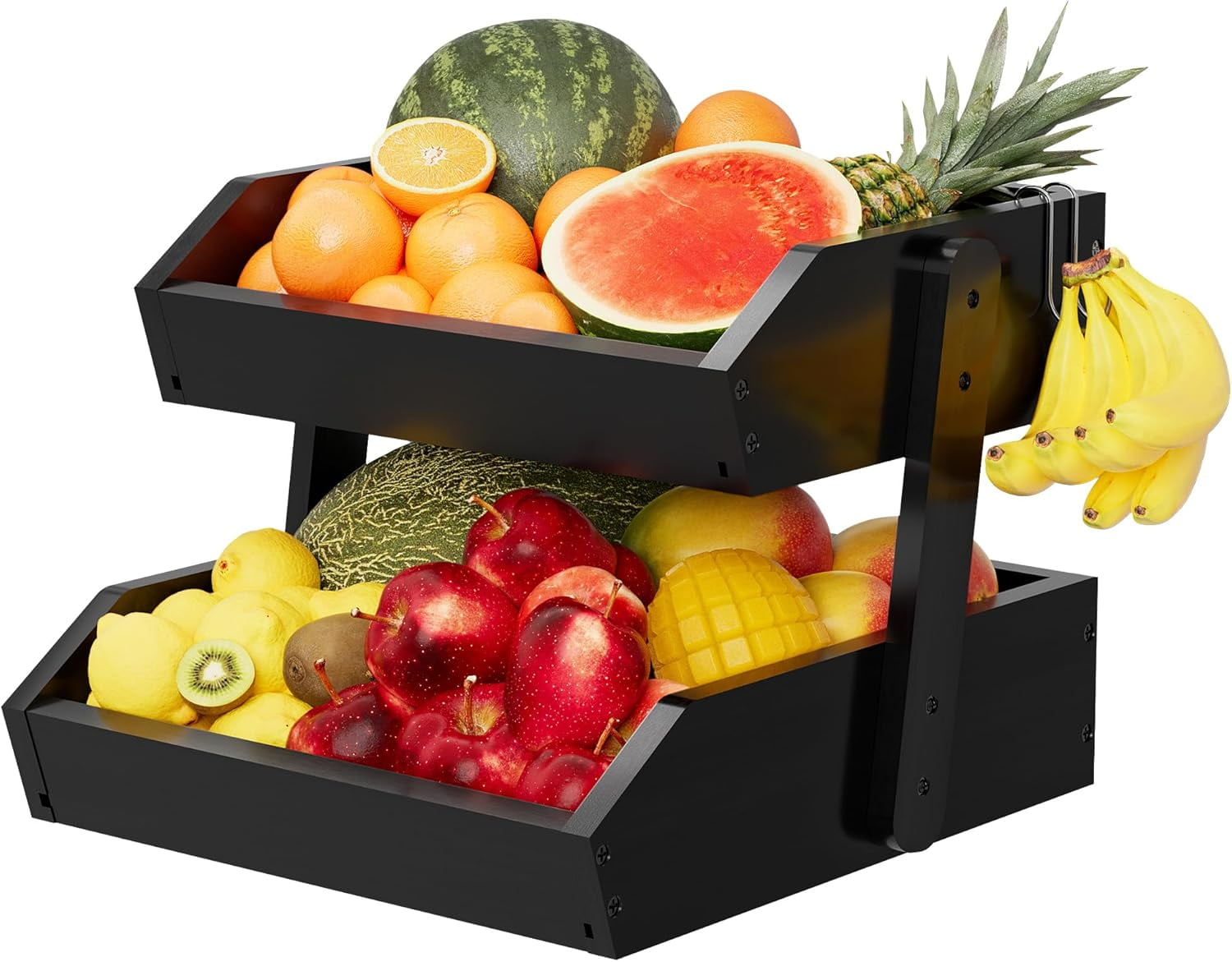 Fruit Basket Kitchen Counter Organizer - Bamboo Black 2 Tier Fruit Bowl ...
