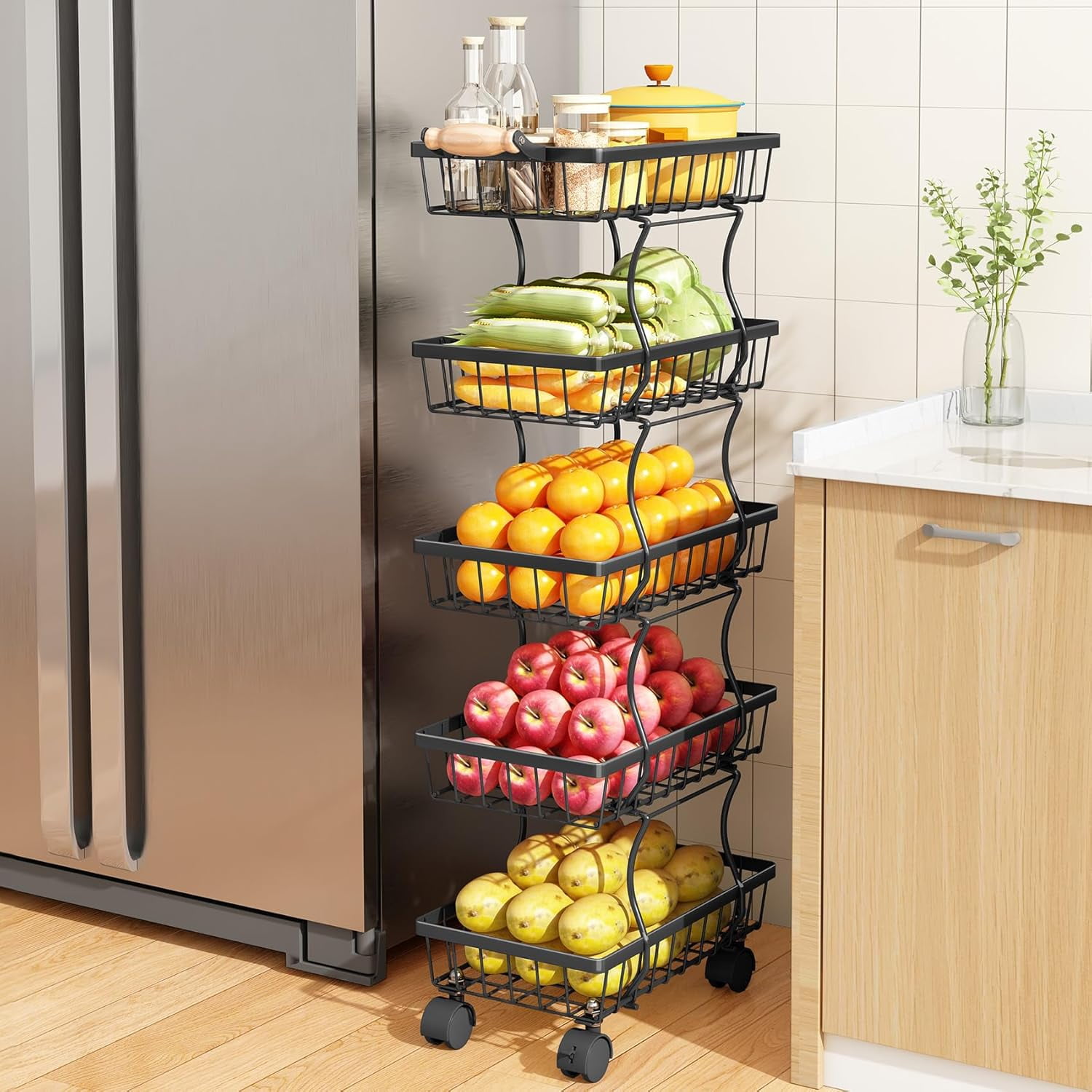 Fruit Basket Kitchen Pantry Organizers and Storage - 4 Tier Stackable ...