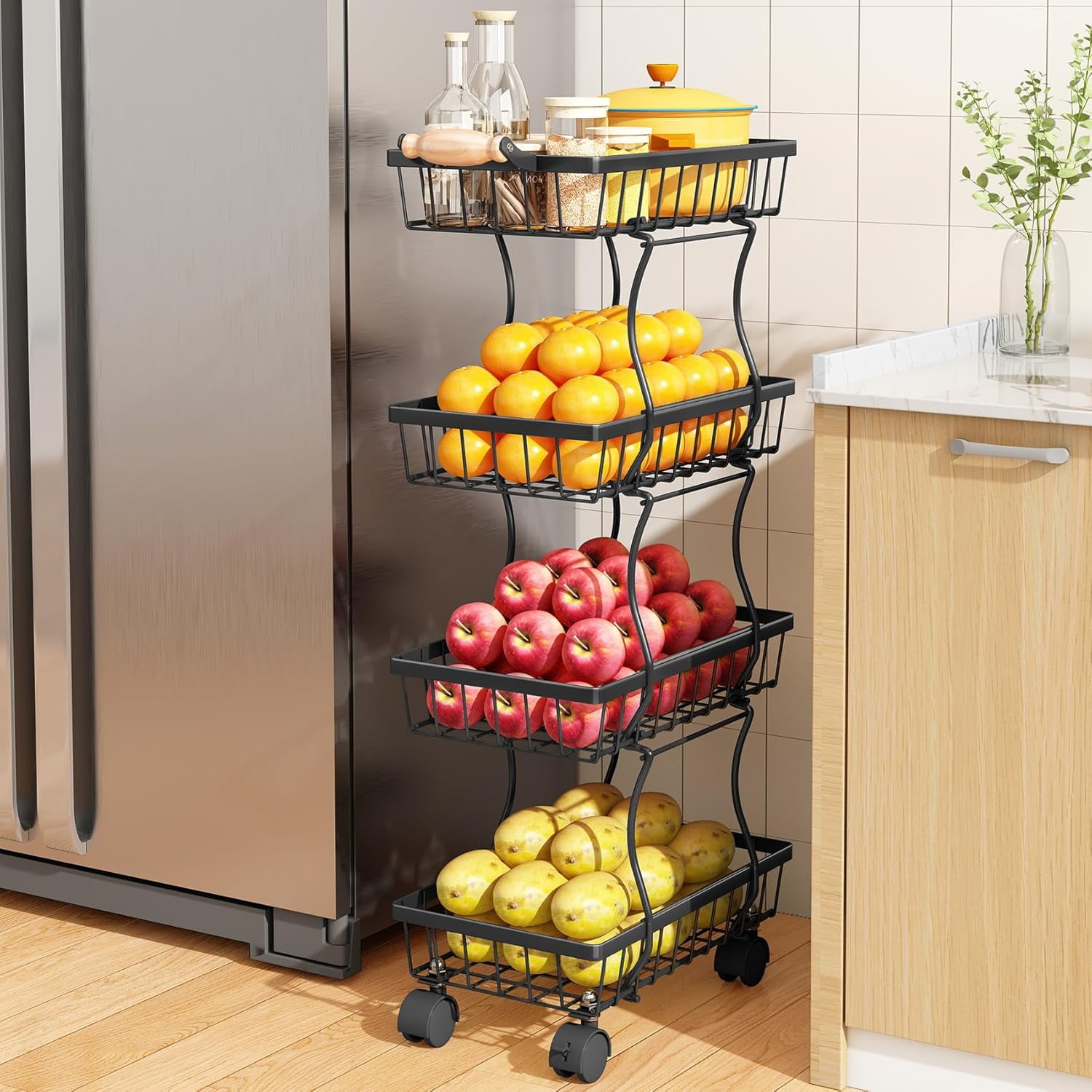 Fruit Basket Kitchen Pantry Organizers and Storage - 4 Tier Stackable ...
