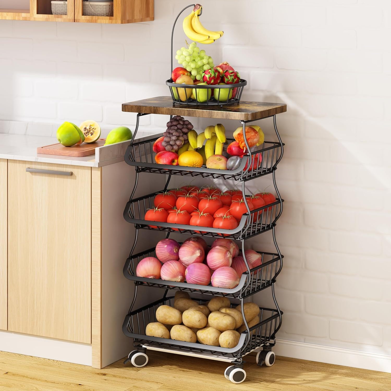 Fruit Basket Kitchen Pantry Organizers and Storage - Wooden Top Table ...