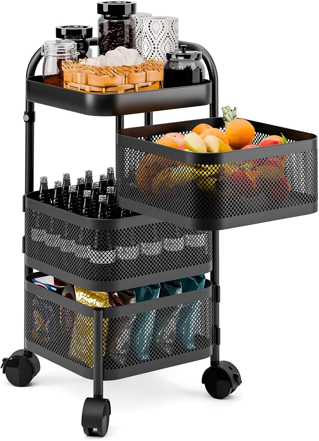 Fruit Basket for Kitchen, Rotating Storage Rack Cart with Wheels, Floor ...