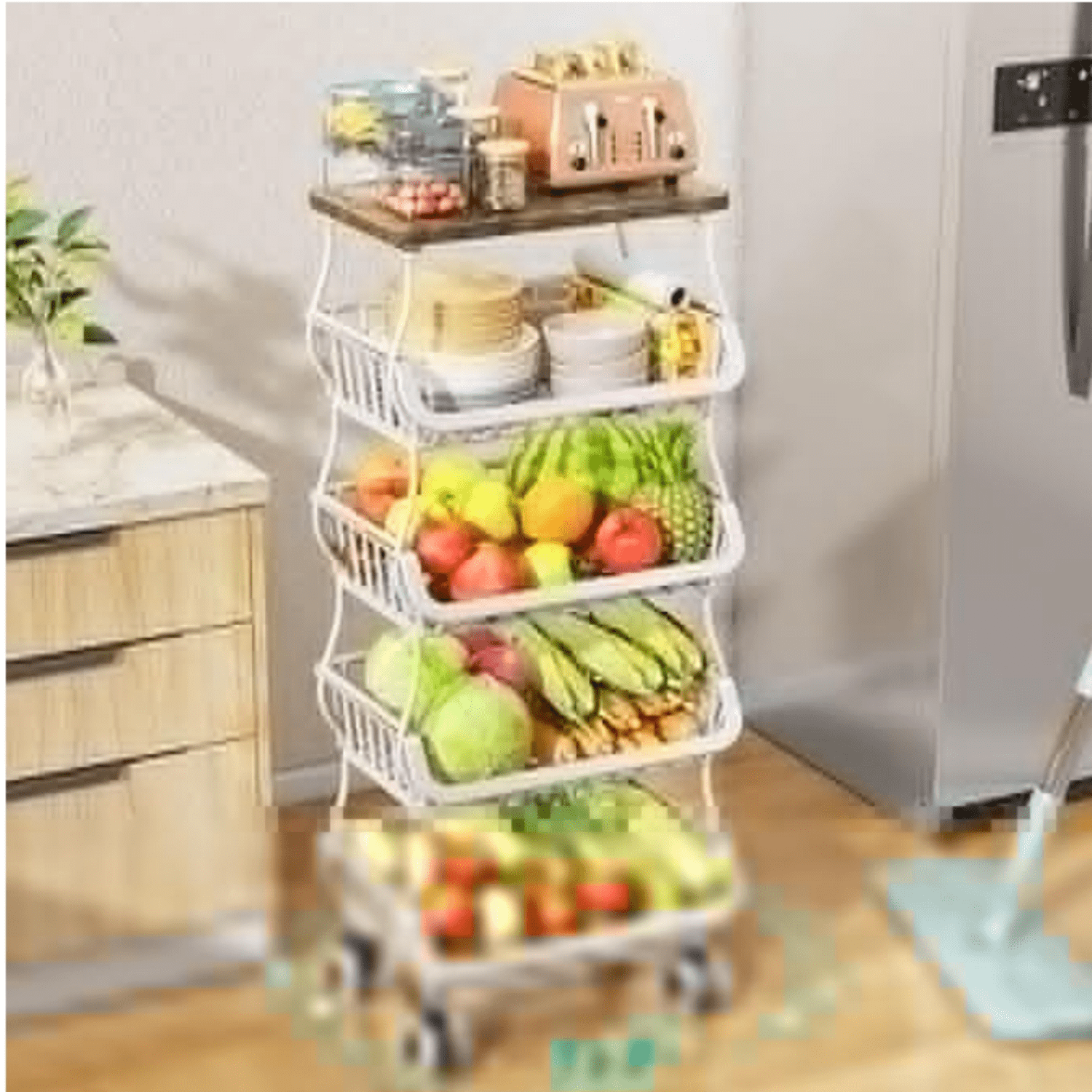 Fruit Basket for Kitchen with Wood Top 5 Tier, Stackable Fruit and ...