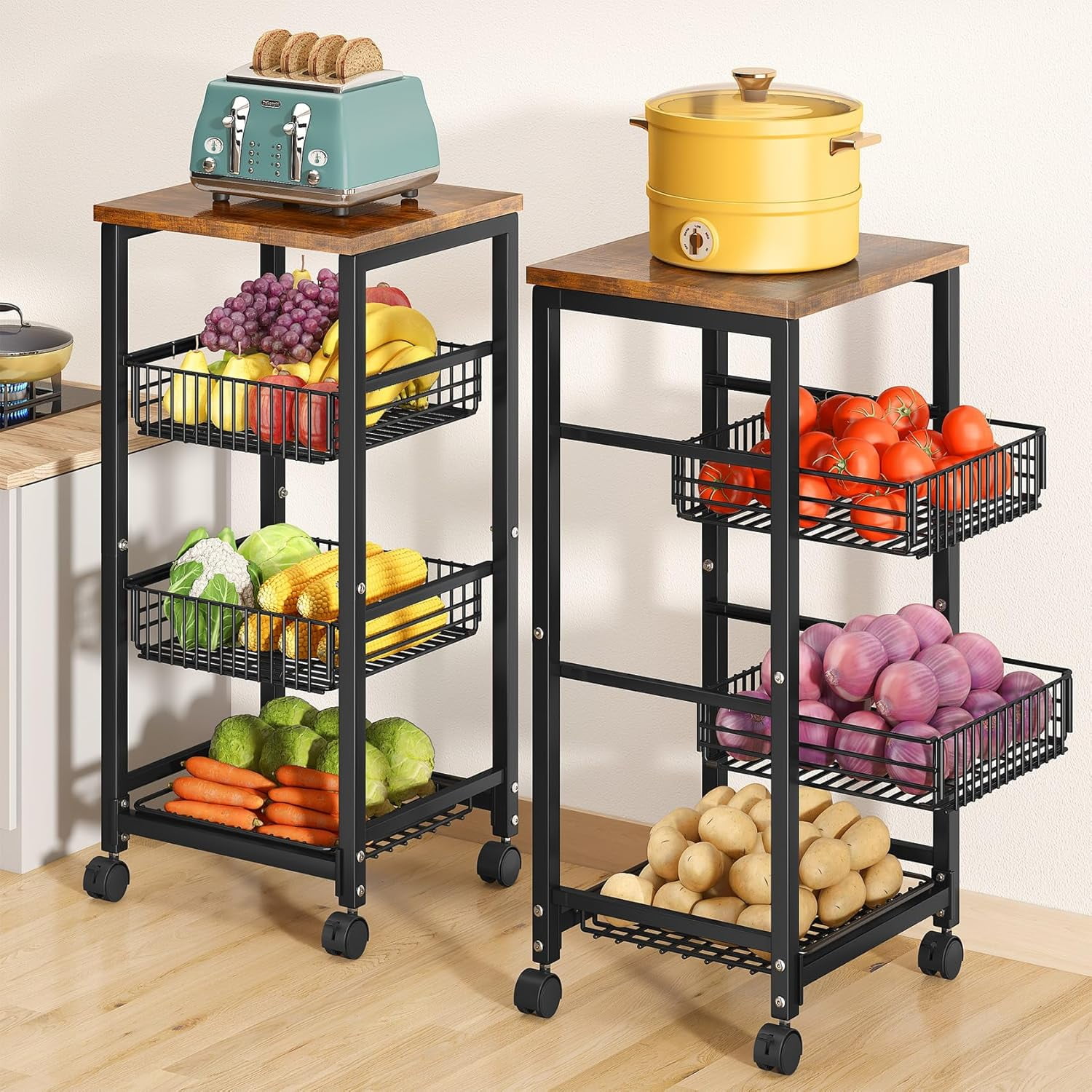 Fruit Basket Vegetable Stand for Kitchen Pantry, Pull Out Metal Wire ...