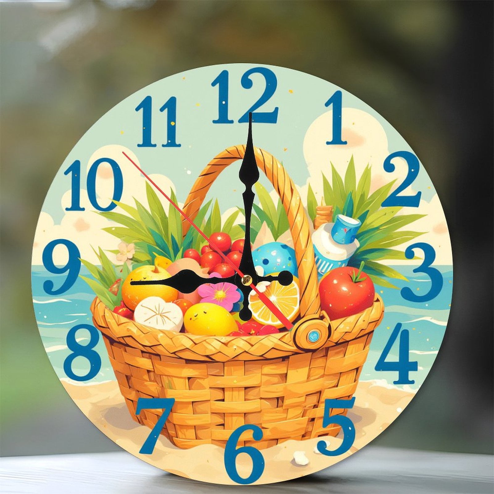 Fruit Basket Wall Clock Summer Beach Picnic Decor 10-Inch Silent Wooden ...