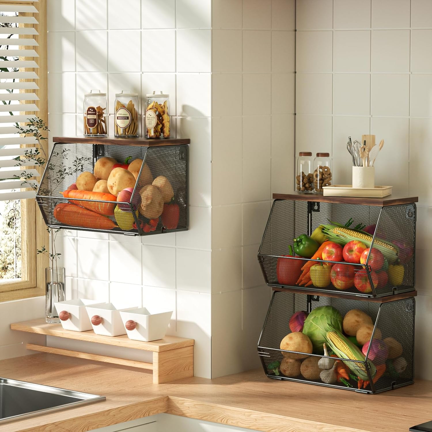 Fruit Basket Wire Baskets with Wood Lid, Wall Mounted Produce Basket ...