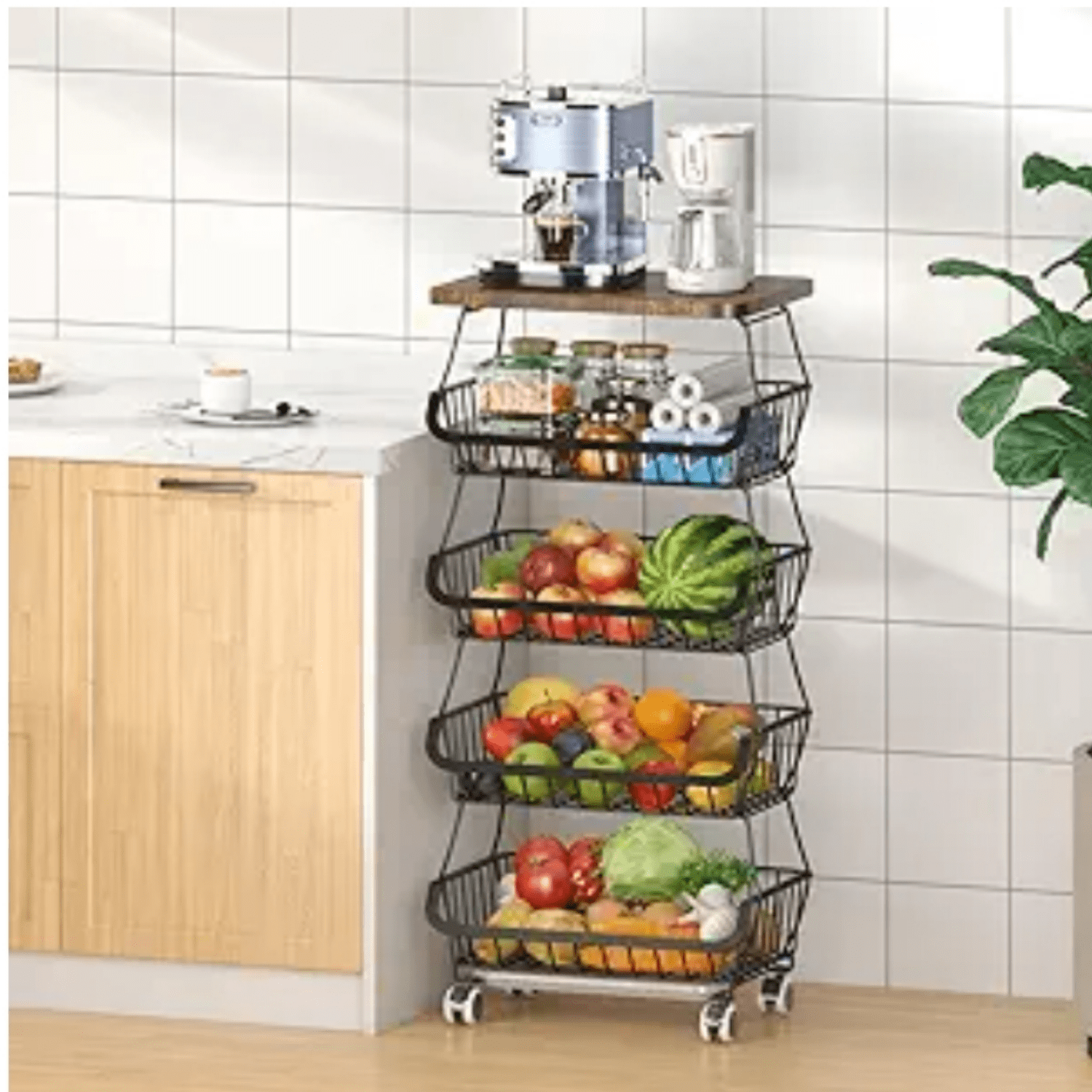 Fruit Basket with Wooden Lid for Kitchen, 5-Tier Stackable Wire Fruit ...