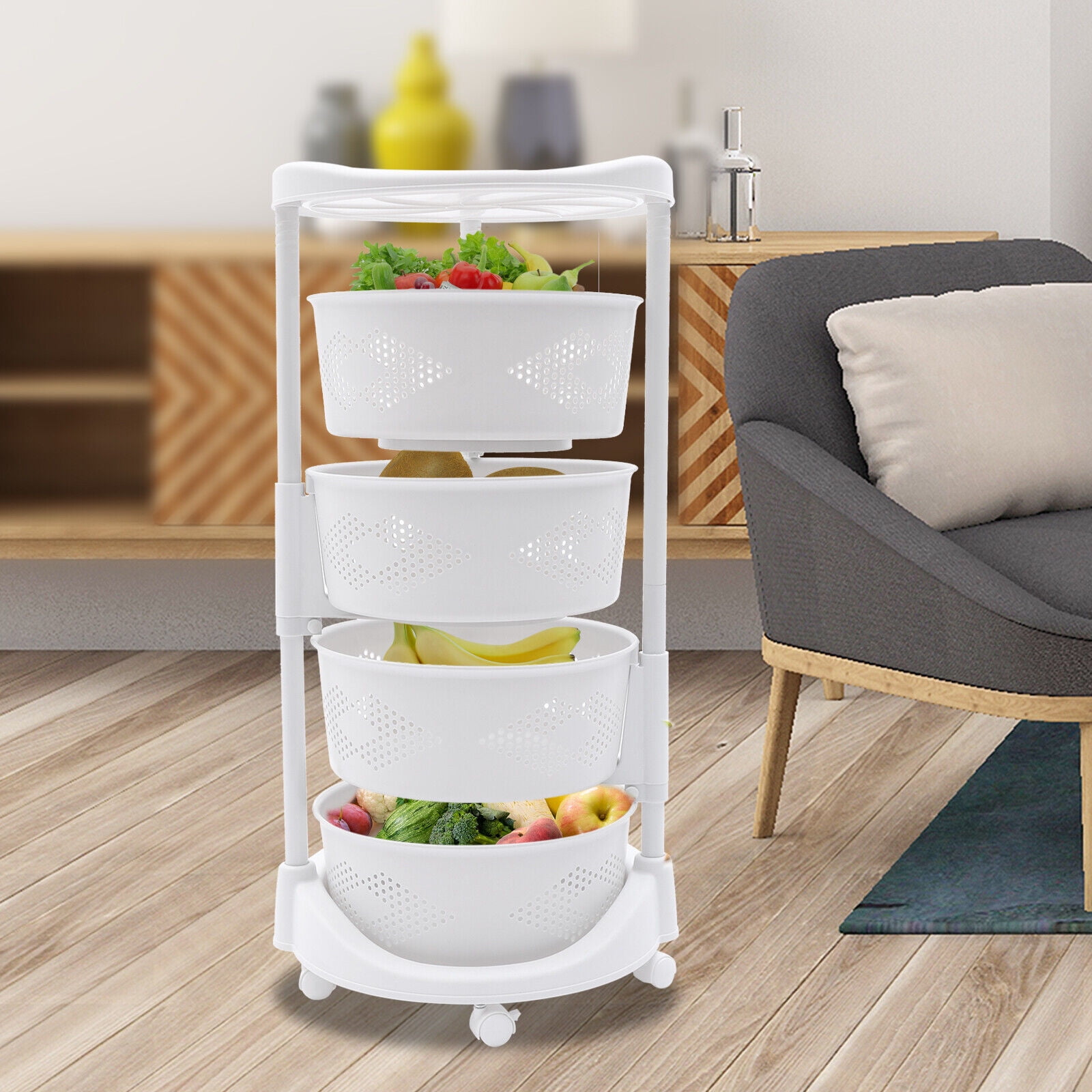 Fruit Basket for Kitchen with 5 Lockable Casters 4 Tier Fruit and ...