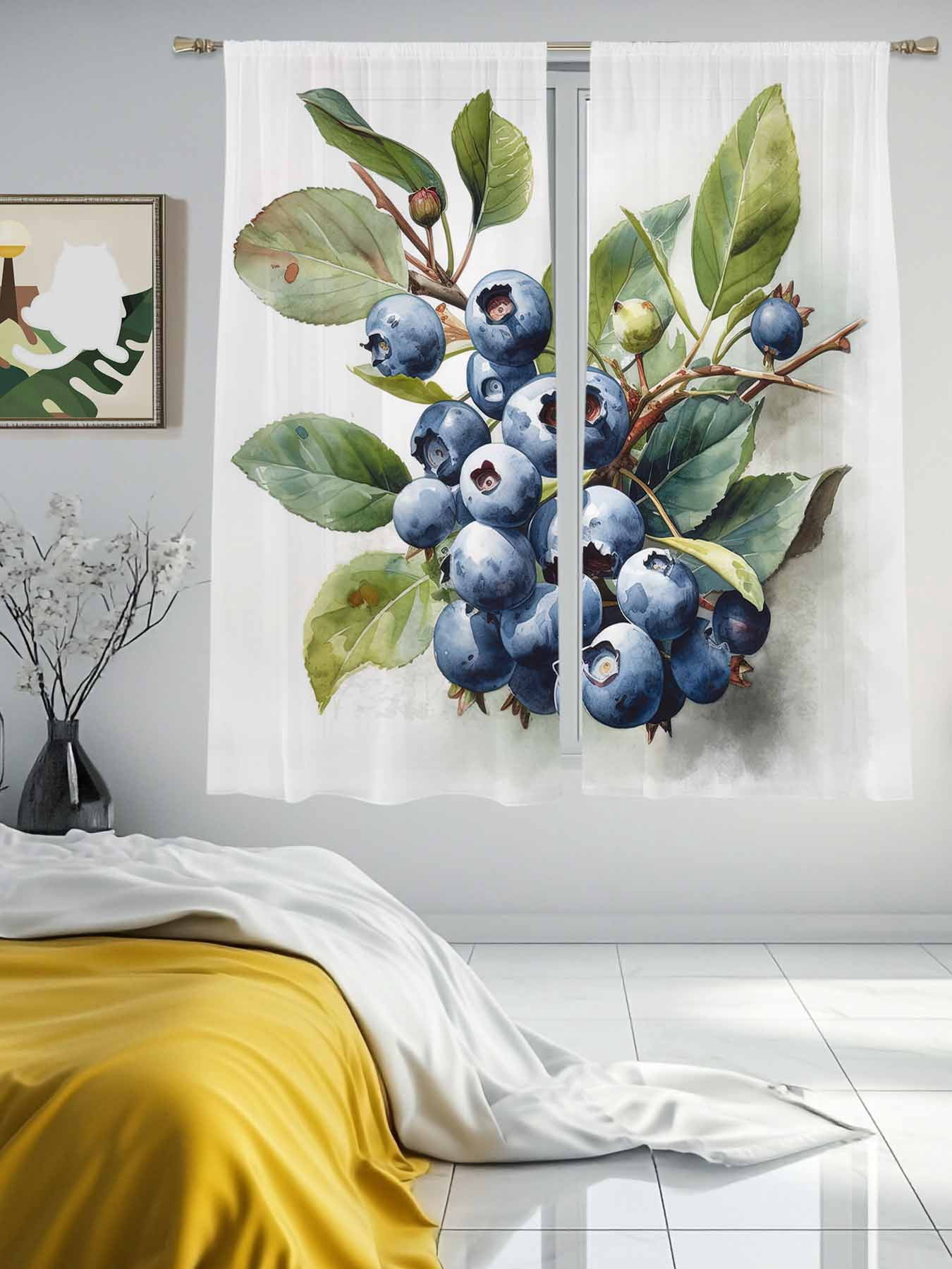 Fruit Blueberry Sheer Curtains 63 inches Long 2 Panels Set Green Leaves ...