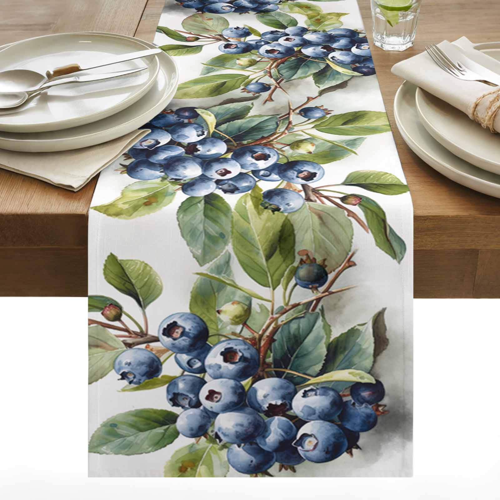 Fruit Blueberry Table Runner 13x72 inch Green Leaves Cotton Linen ...