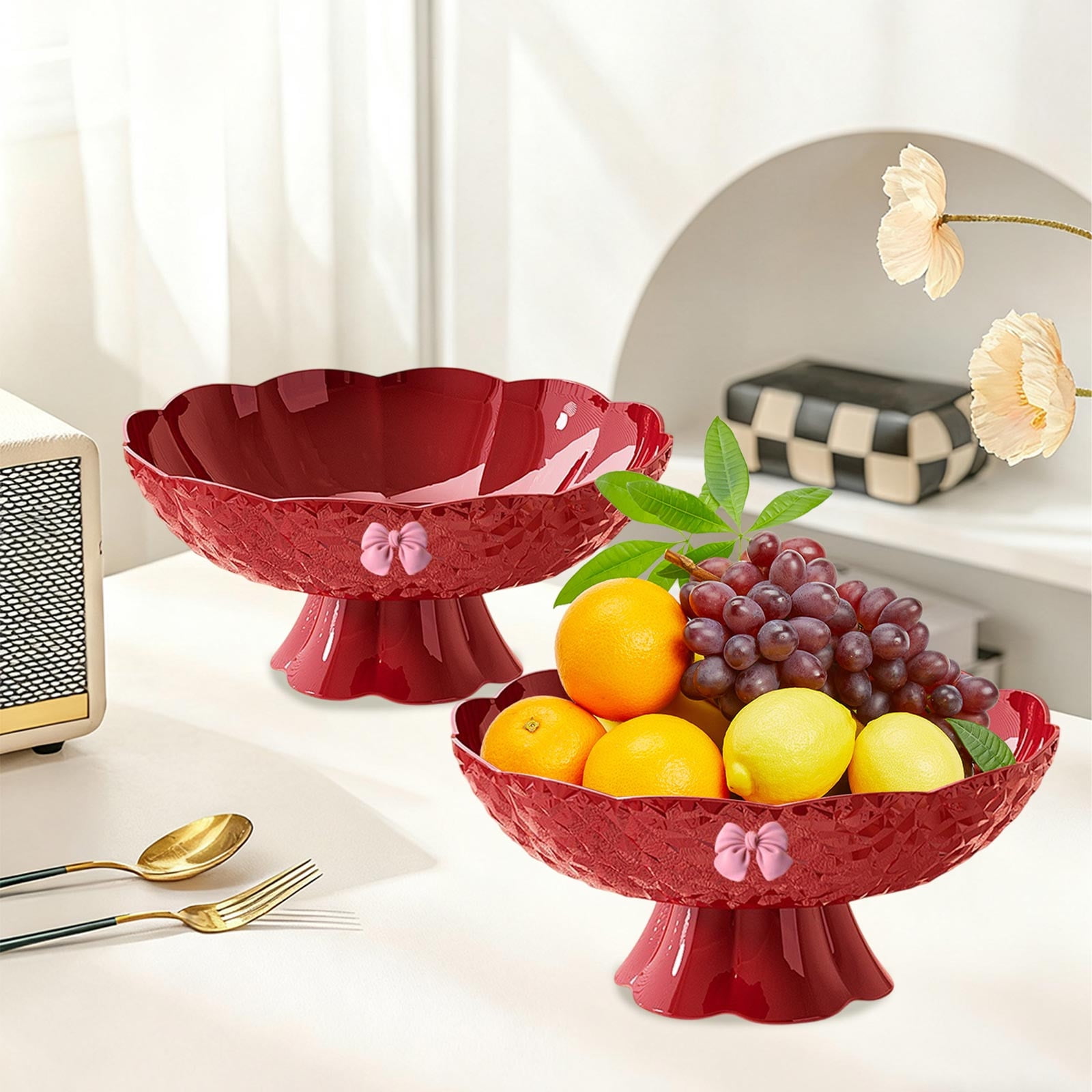 Fruit Bowl with Bow Design & Detachable Drain Plate, Elegant Decorative ...