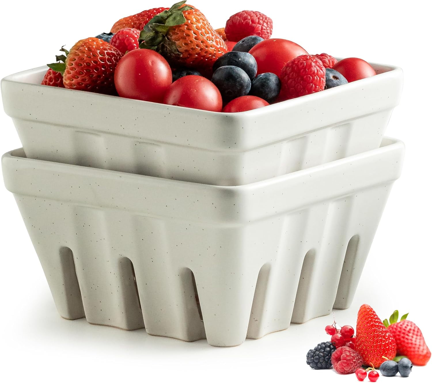 Fruit Bowl with Holes, Ceramic Berry Basket Set of 2, 5.7 Inch Square ...