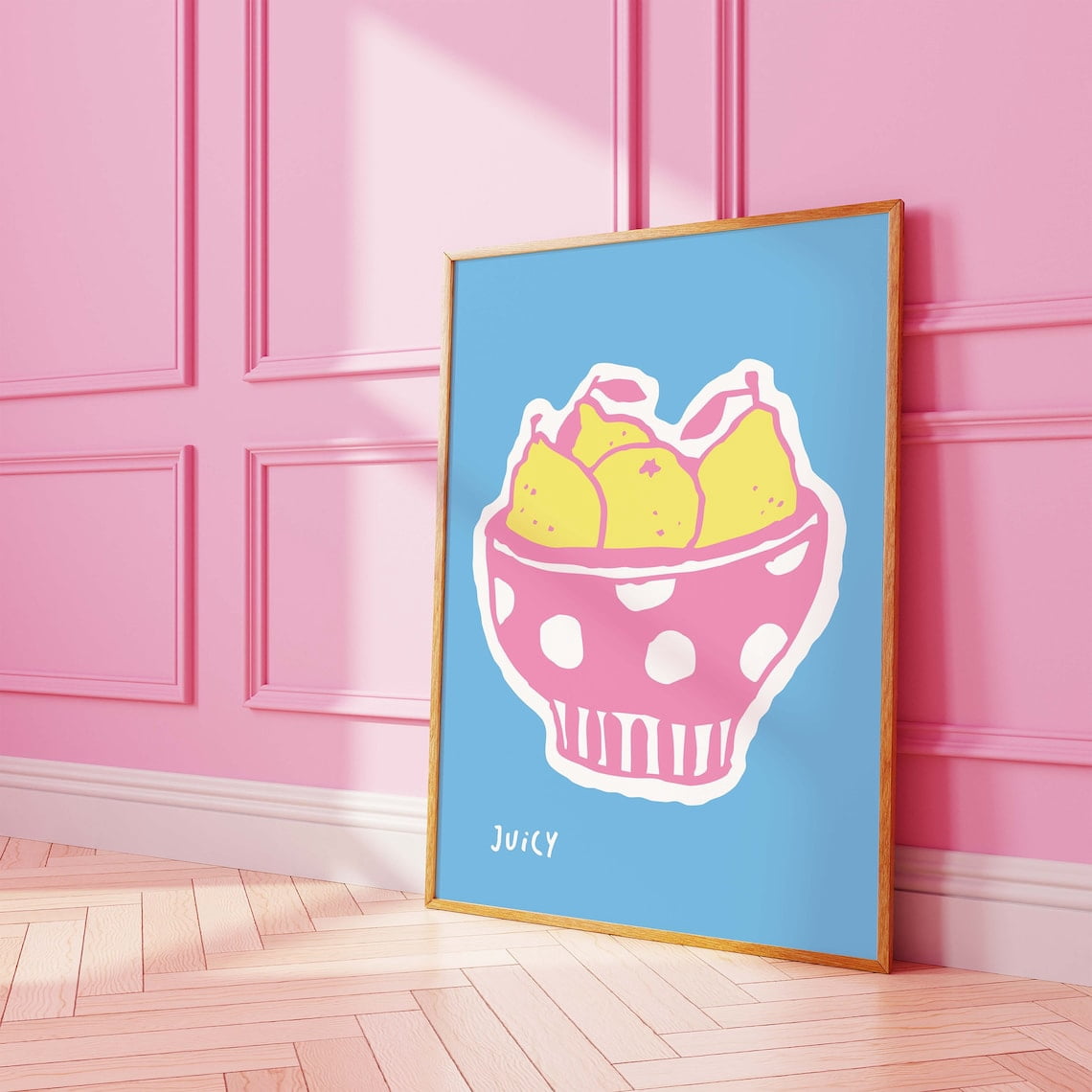 Fruit Bowl Poster Blue Kitchen Decor Cute Lemons Trendy Wall Art Poster ...