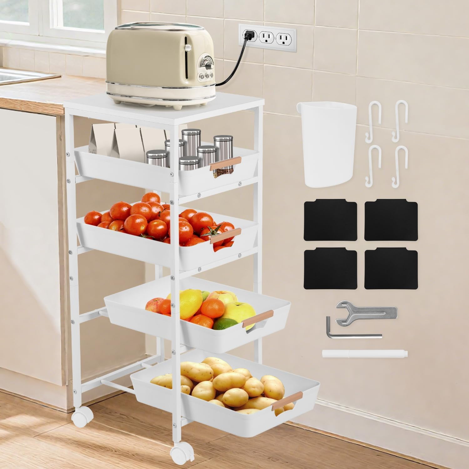 Fruit Cart for Kitchen, 5-Tier Storage Cart on Wheels, Pull-Out Basket ...