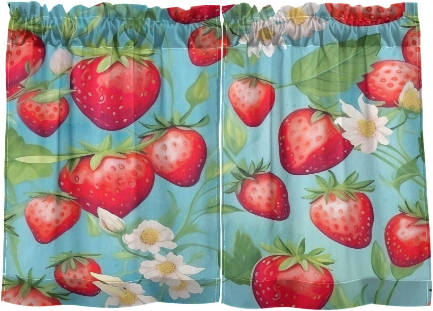 Fruit Cartoon Red Strawberry Kitchen Curtains 36 Inch Length Short Tier ...