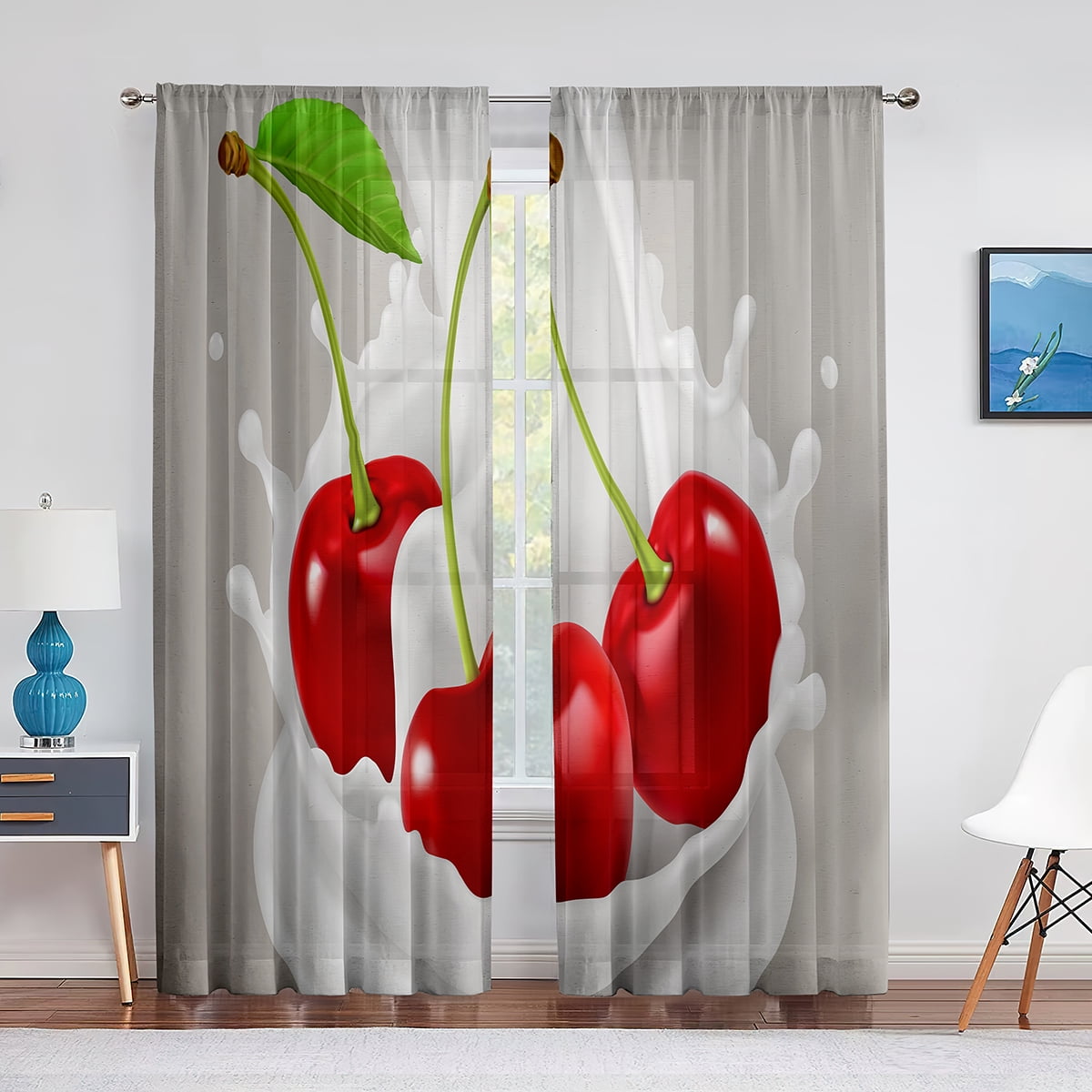 Fruit Cherry Pattern Design Pink Sheer Curtain for Living Room Home ...