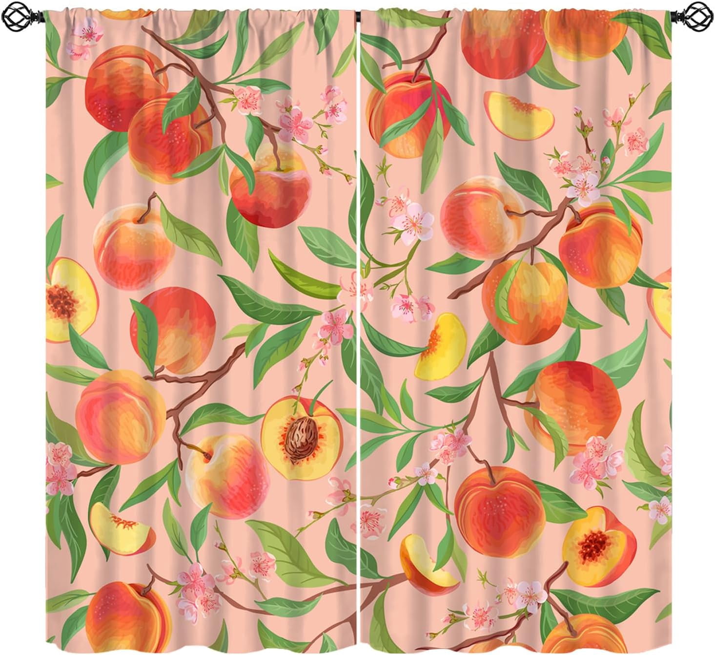 Fruit Curtains, Peach Pattern Tropical Fruits Leaves Flowers Background ...