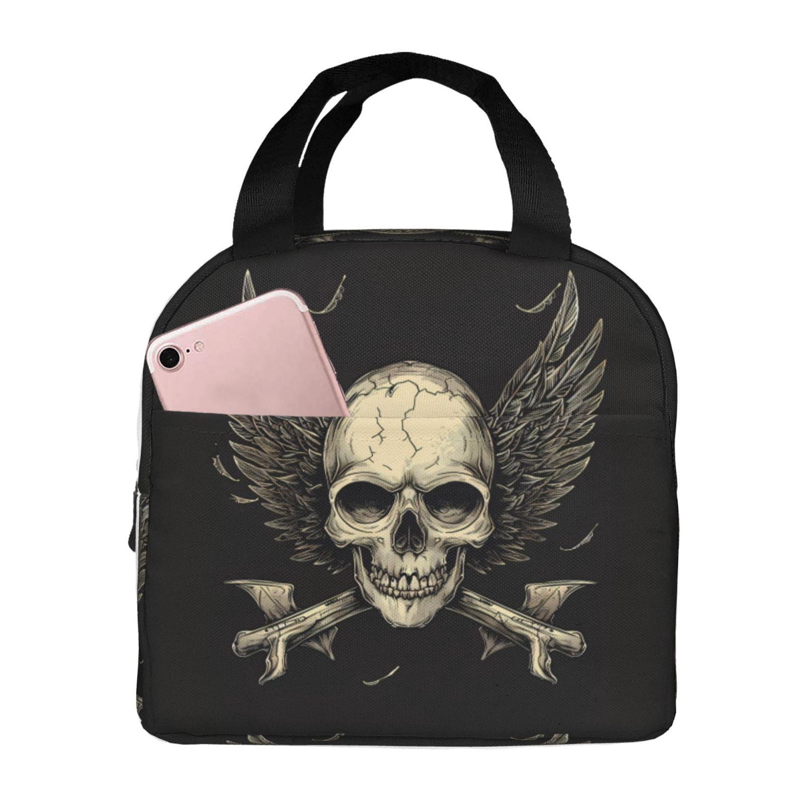 Insulated Lunch Bag for Women Men - Gothic Winged Skull Leakproof ...