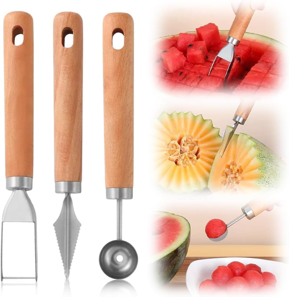 Fruit Cutter Wooden Handle Melon Baller Scoop Set, Stainless Steel ...