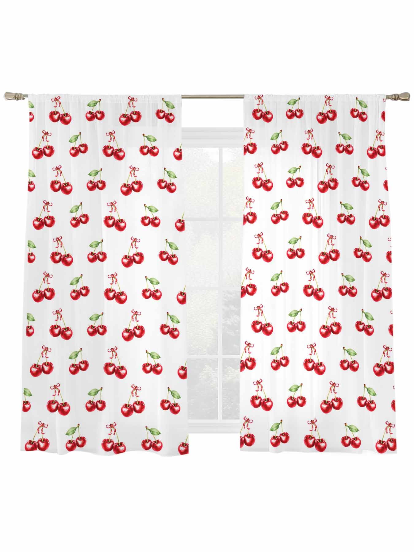 Fruit Design Sheer Curtains 63 Inch Long 2 Panels, Cherry Berry Fruit ...
