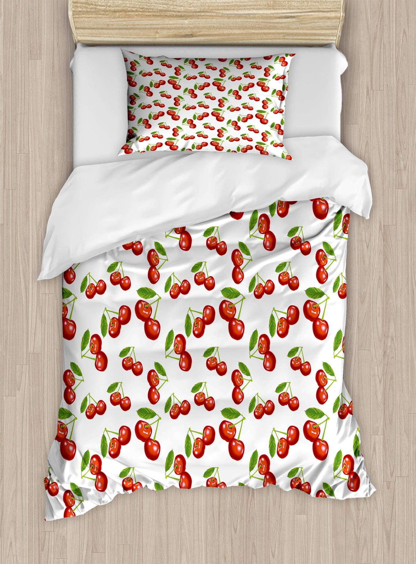 Fruit Duvet Cover Set, Cherry Design Fresh Berry Fruit Summer Green ...