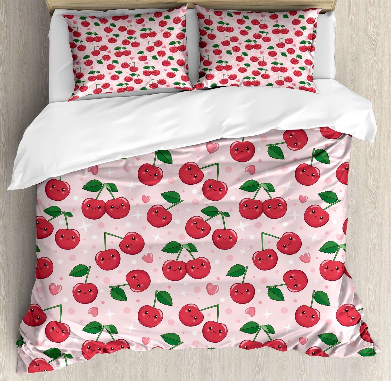 Fruit Duvet Cover Set, Funny Kawaii Berries of Cherry Branches Smiling ...