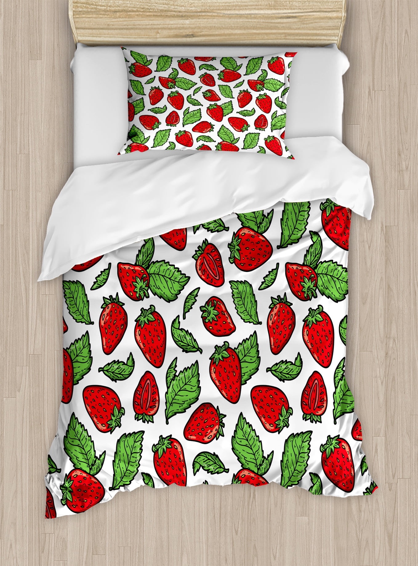 Fruit Duvet Cover Set, Juicy Strawberries with Leaves Yummy Food ...