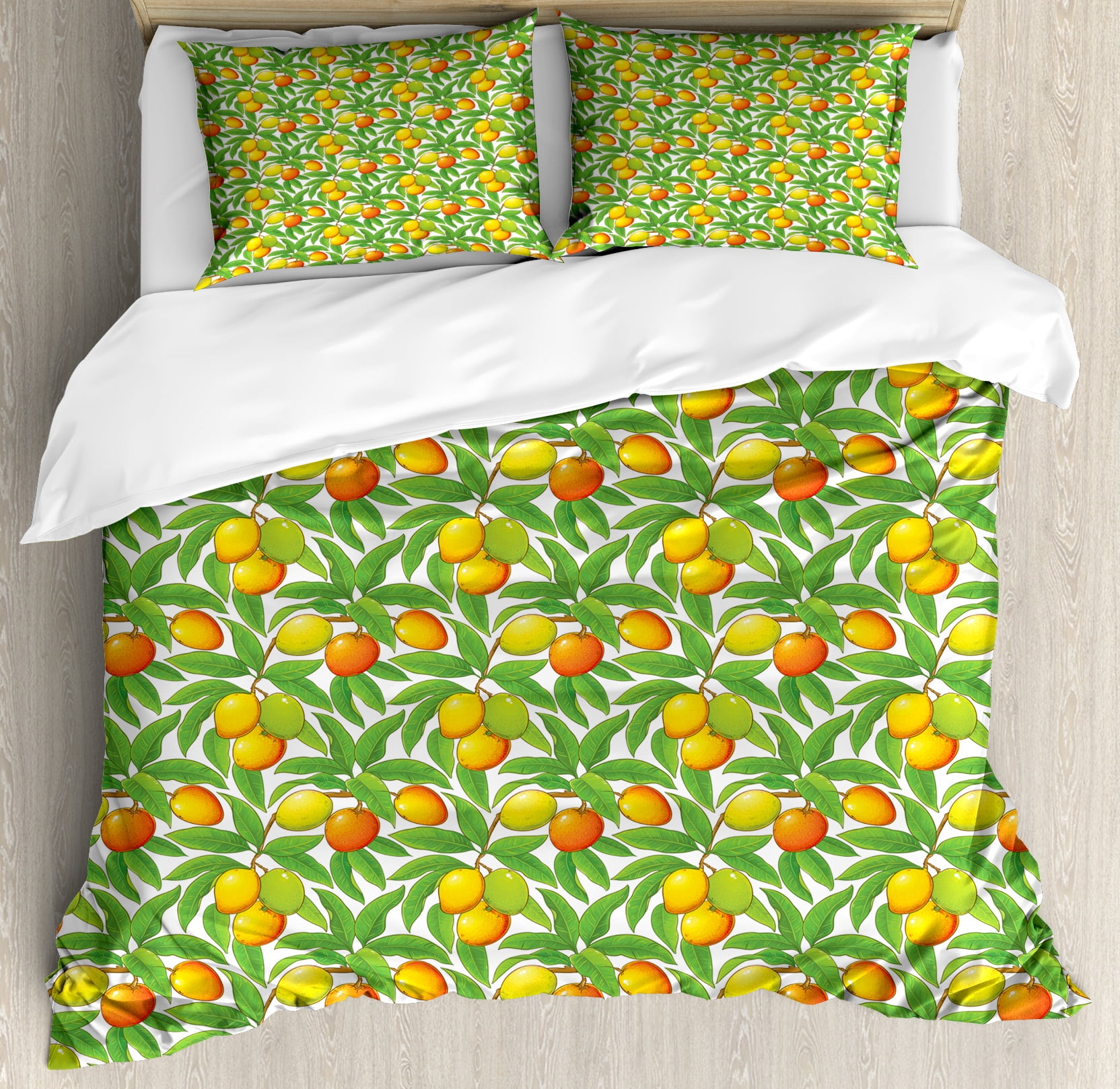 Fruit Duvet Cover Set, Ripe Mango Silhouettes on Leafy Branches ...