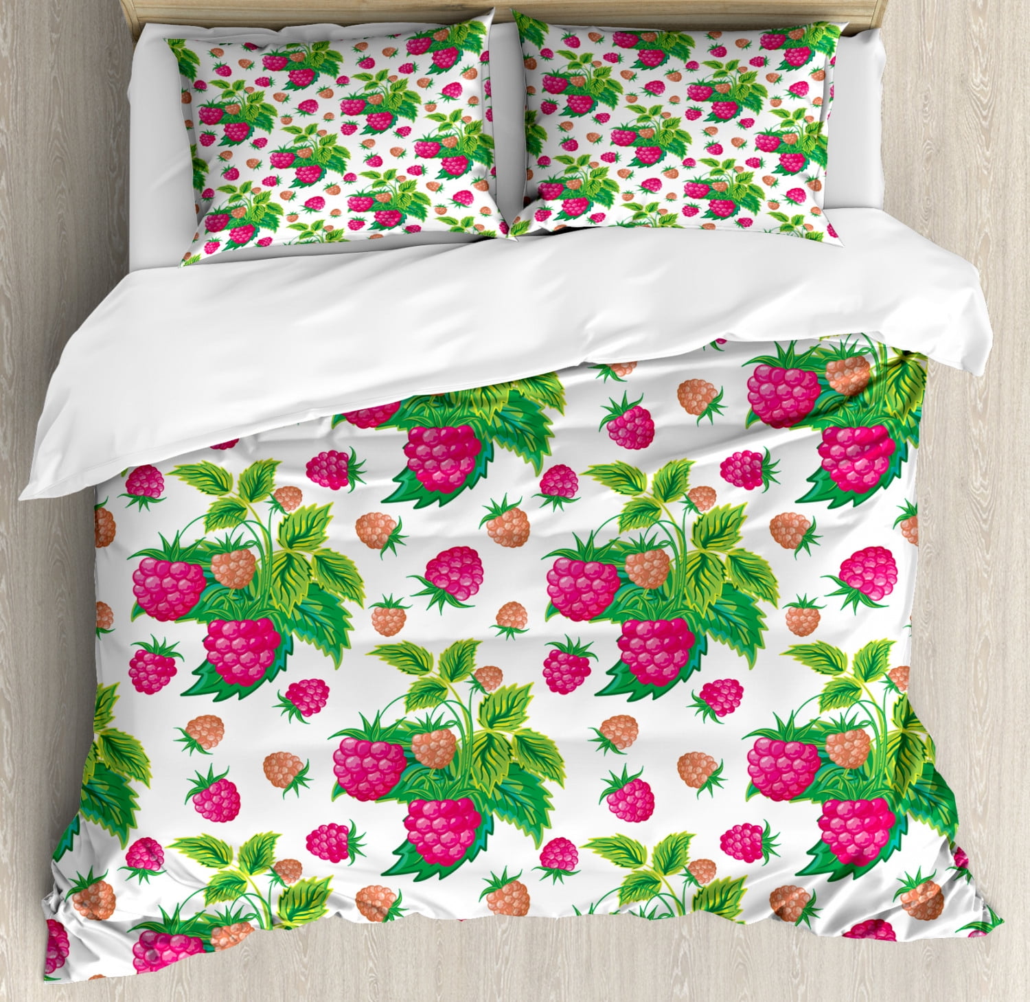 Fruit Duvet Cover Set, Spring Botanical Art Raspberries with Green ...