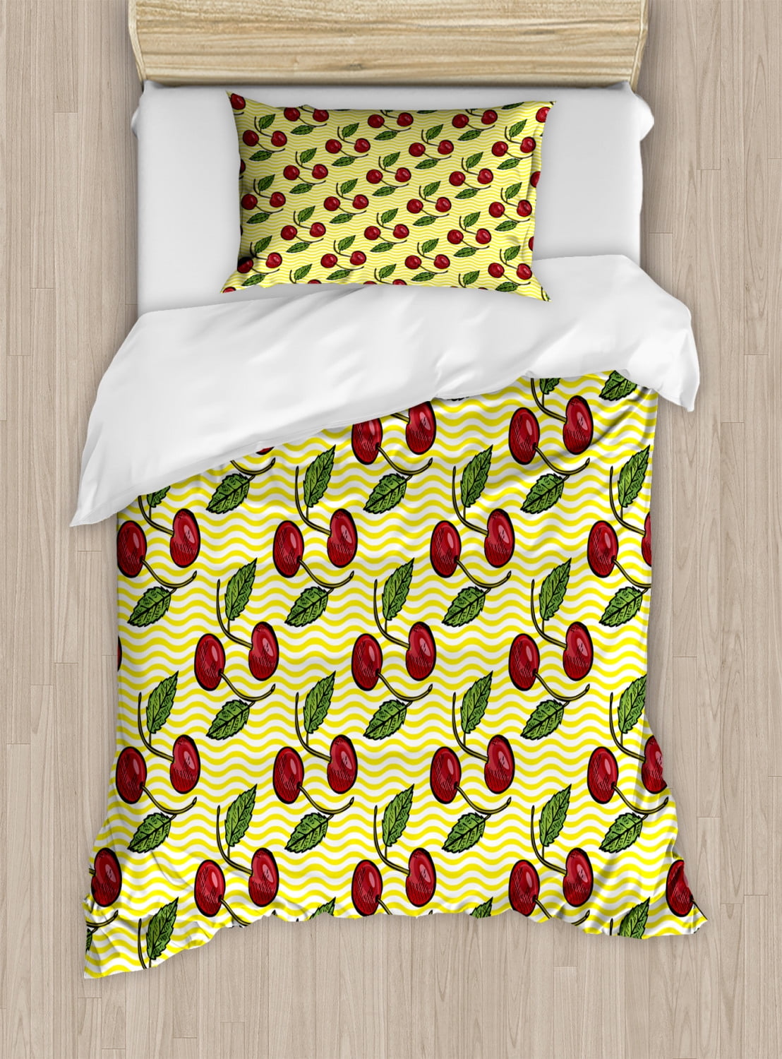 Fruit Duvet Cover Set Twin Size, Hand Drawn Cherry Design on Yellow ...