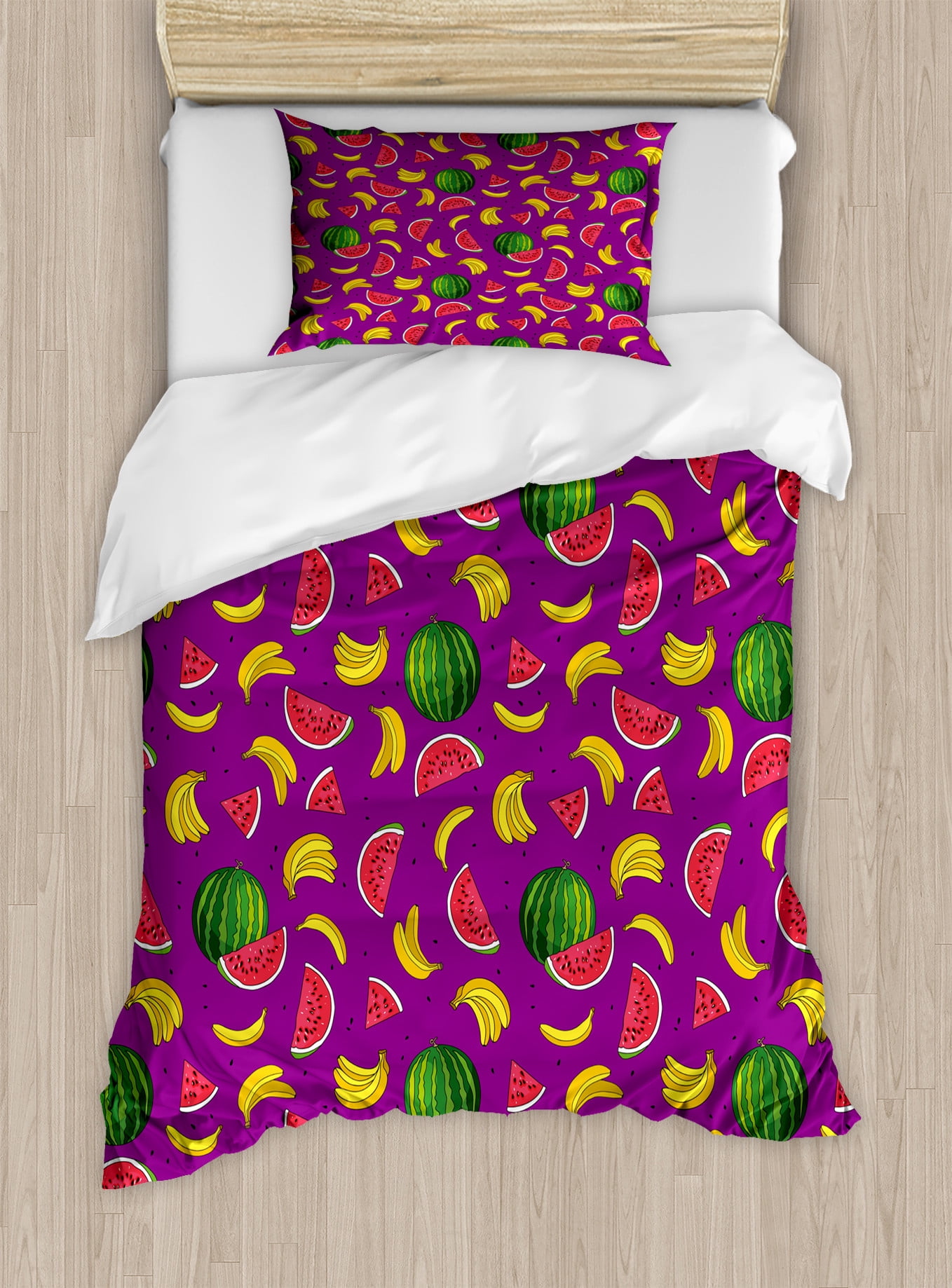 Fruit Duvet Cover Set, Watermelon Bananas Summer Tasty Traits of Nature ...