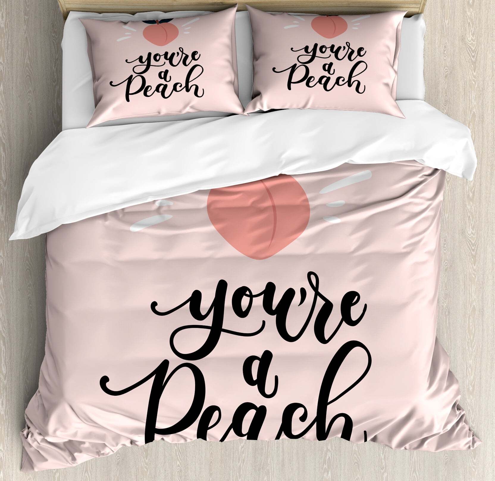 Fruit Duvet Cover Set, You're a Peach Typography and Leaves Healthy ...