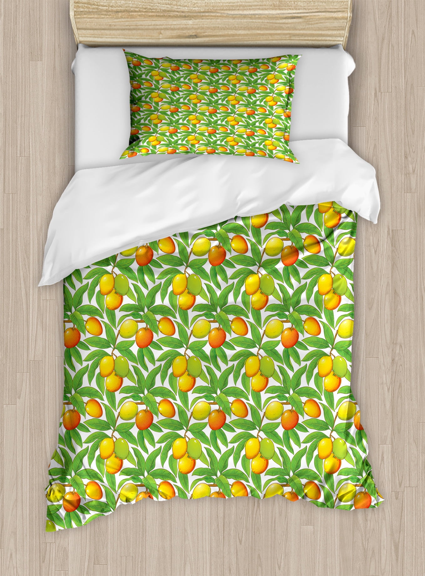 Fruit Duvet Cover Sets, Ripe Mango Silhouettes on Leafy Branches ...