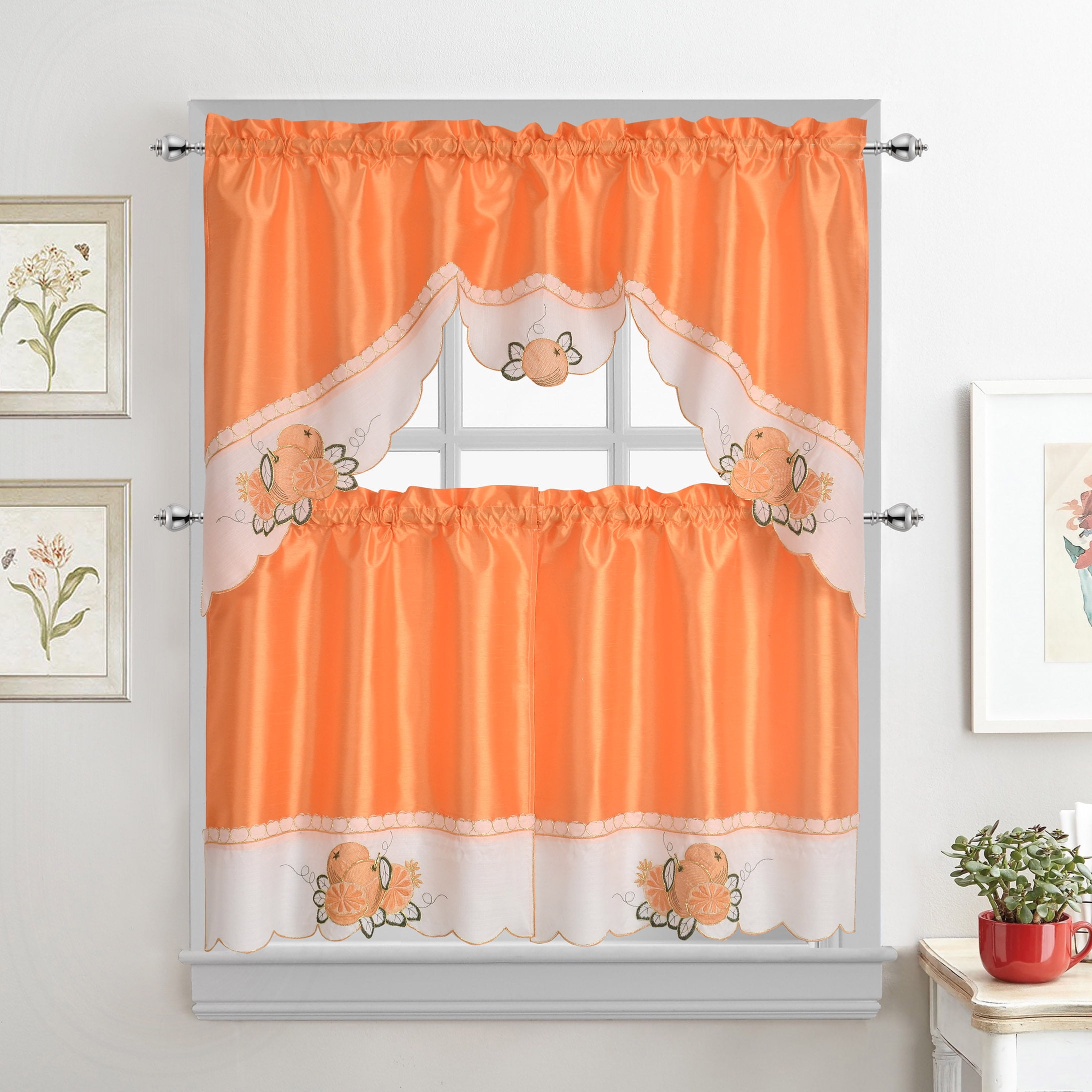 Fruit Embroidered 3-Piece Kitchen Curtain Tiers & Swag Set, Orange ...