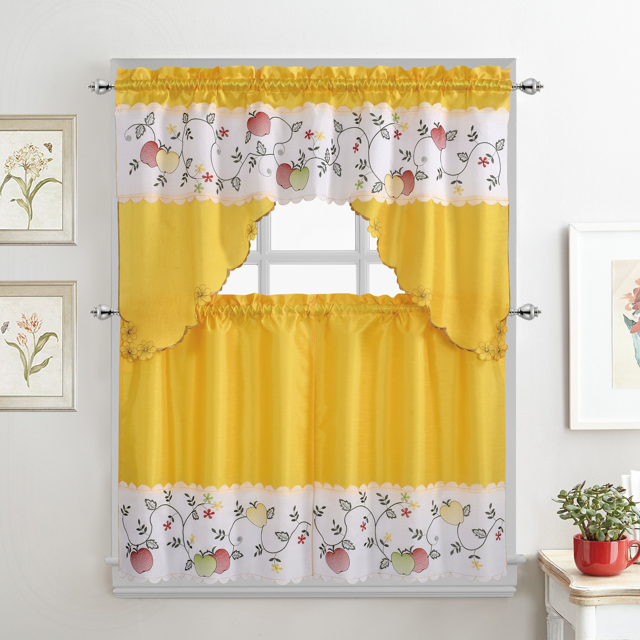 Fruit Embroidered 3-Piece Kitchen Curtain Tiers & Swag Set, Yellow ...