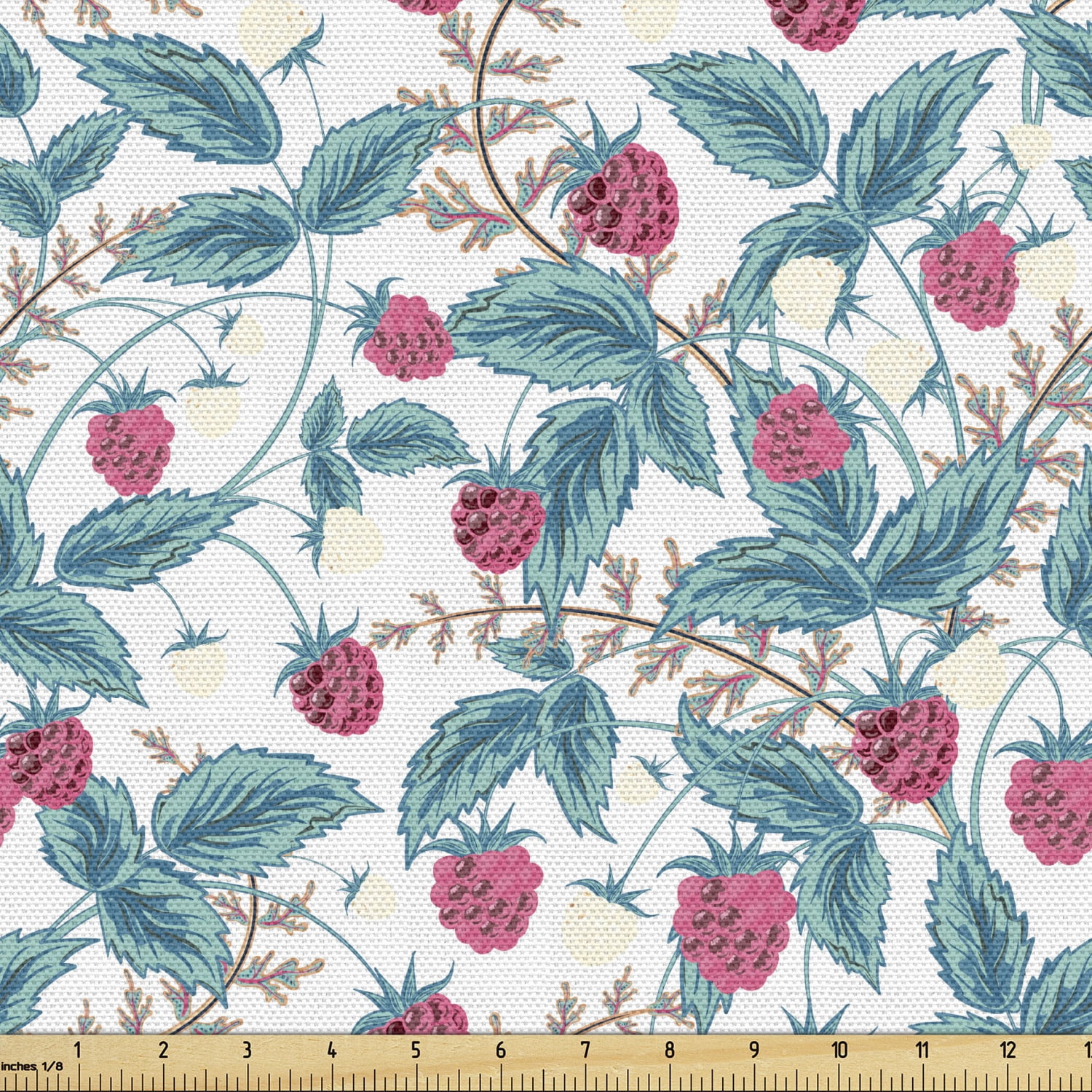 Fruit Fabric by the Yard, Raspberry Pattern with Foliage Leaves Hand ...