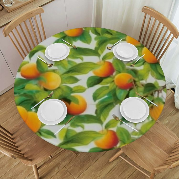 Fruit Fitted Round Tablecloth, Ripe Mango Silhouettes on Leafy Branches ...