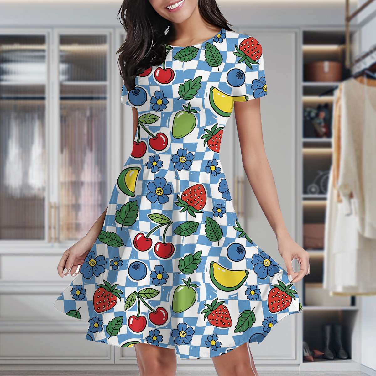 Fruit Floral Checkered Pattern Women's Classic Swing Skater Dress ...