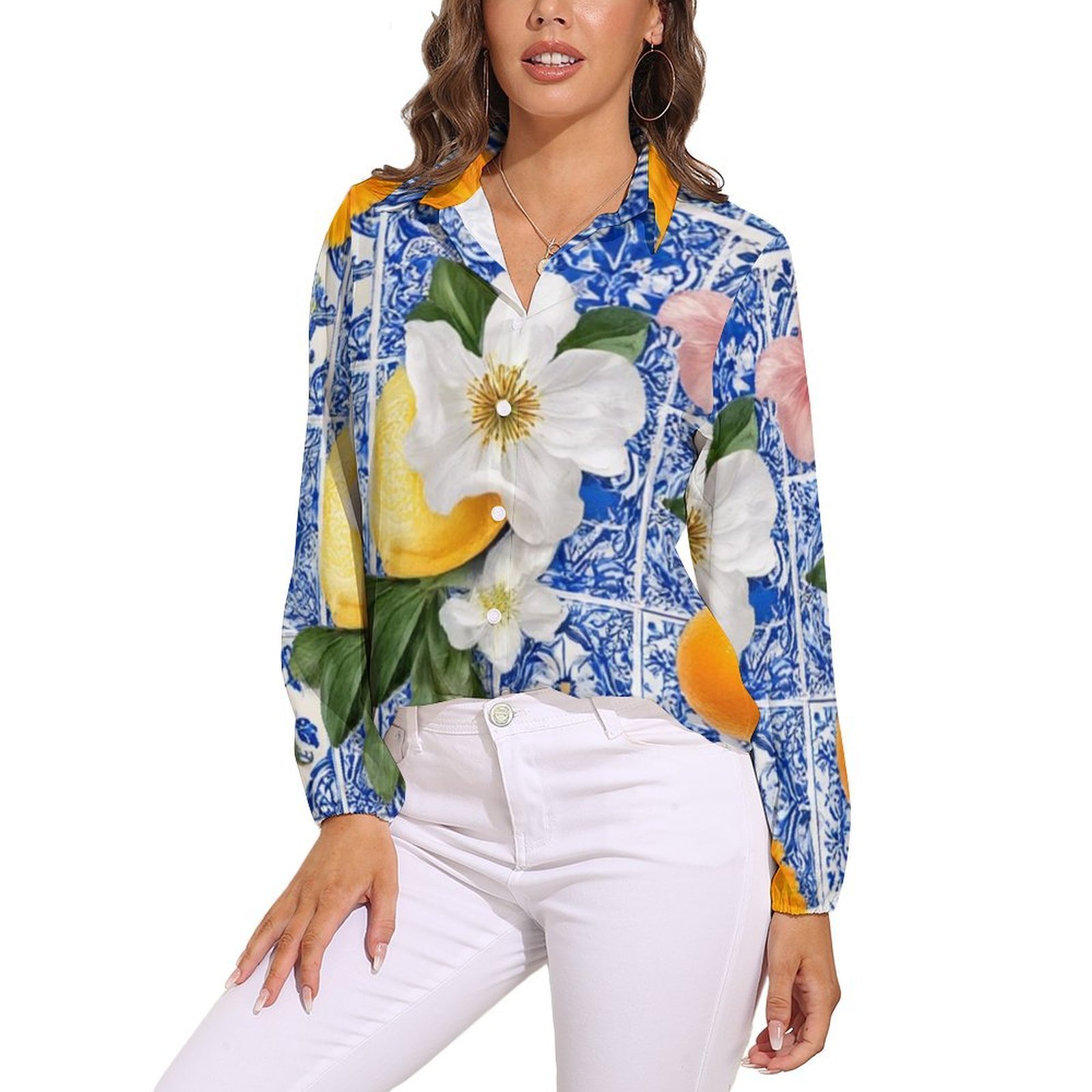 Fruit Floral Tiles Print Vntage Casual Long Sleeve Shirt Blouse Woman ...