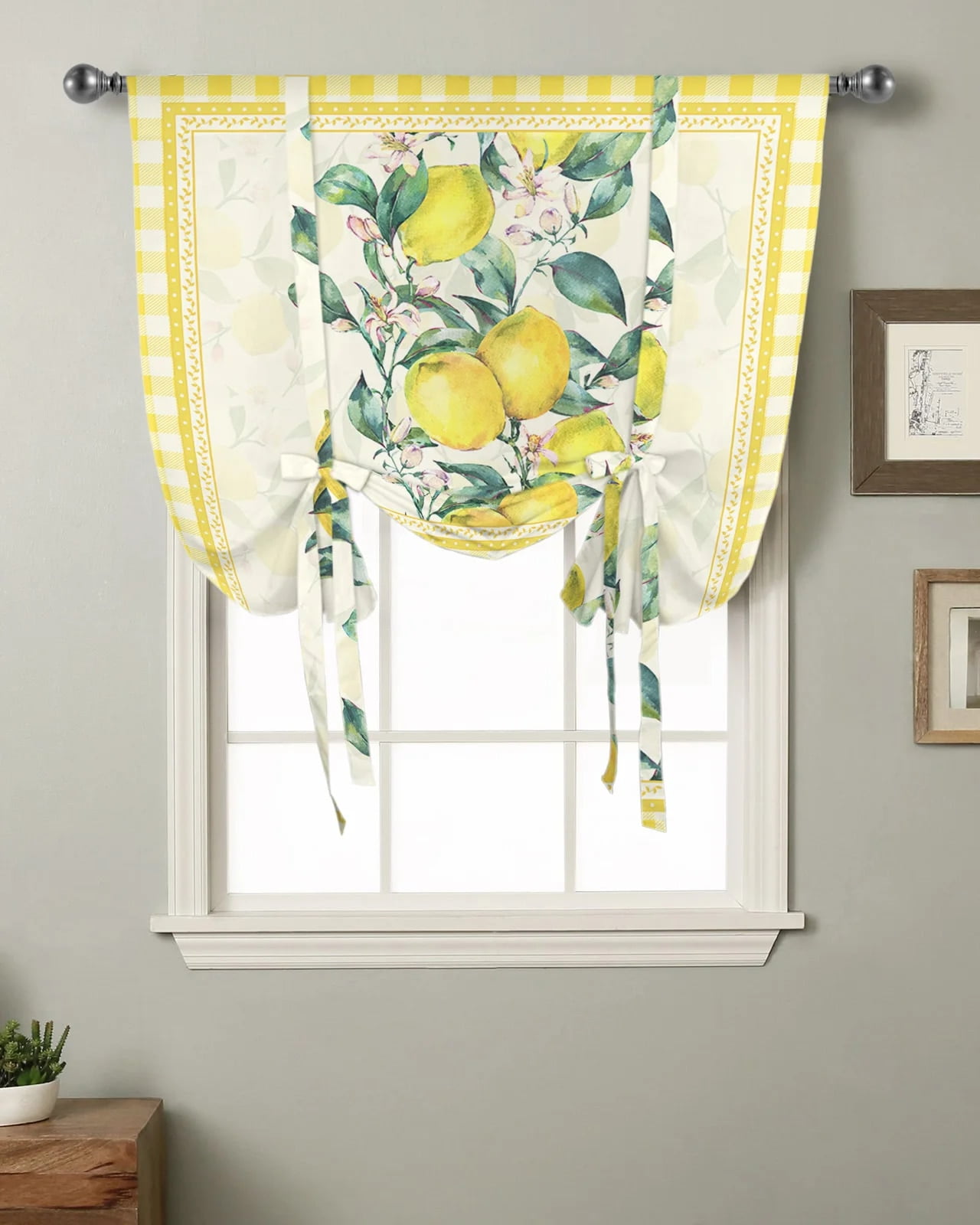Fruit Fresh Lemon Plaid Curtain for Living Room Kitchen Tie-up Short ...