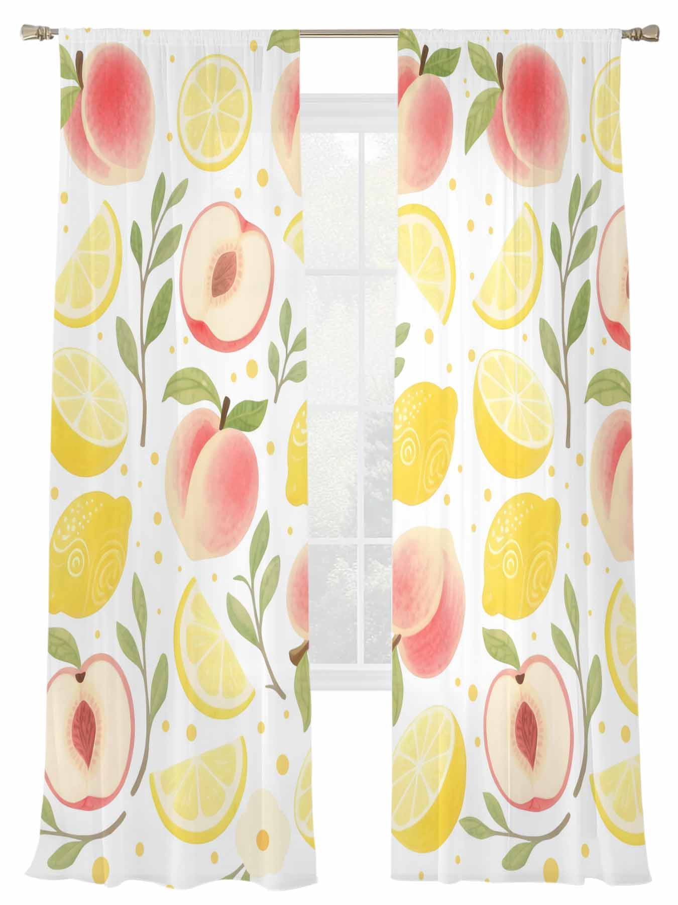 Fruit Leaves Sheer Curtains 2 Panels Set Pink Peaches Yellow Lemons ...