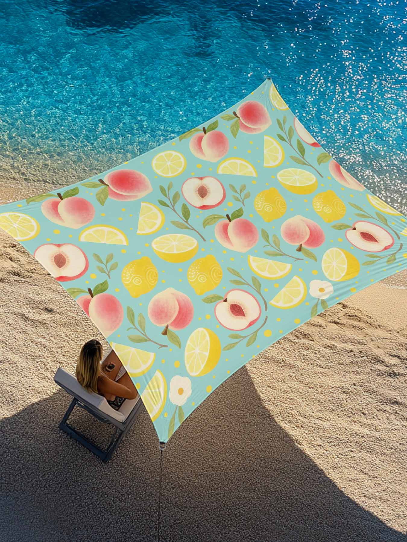 Fruit Leaves Sun Shade Sail 14' x 18', Pink Peaches Yellow Lemons Blue ...